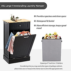 Spurgehom 13 Gallon Tilt Out Trash Cabinet Kitchen Waste Bins,Free Standing Laundry Hamper with Hideaway Drawer Wooden Bamboo Cutting Board Storage Bag,Pet Proof Trash Can for Living Room (Black)