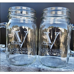 Initial Mr Mrs Set of 2 Personalized Mason Jar Drinking Mugs with Handle Custom Etched Name Date for Wedding, Engagement Anniversary Bridal Party Favor Newlyweds Couple Engraved His and Hers Gift Idea