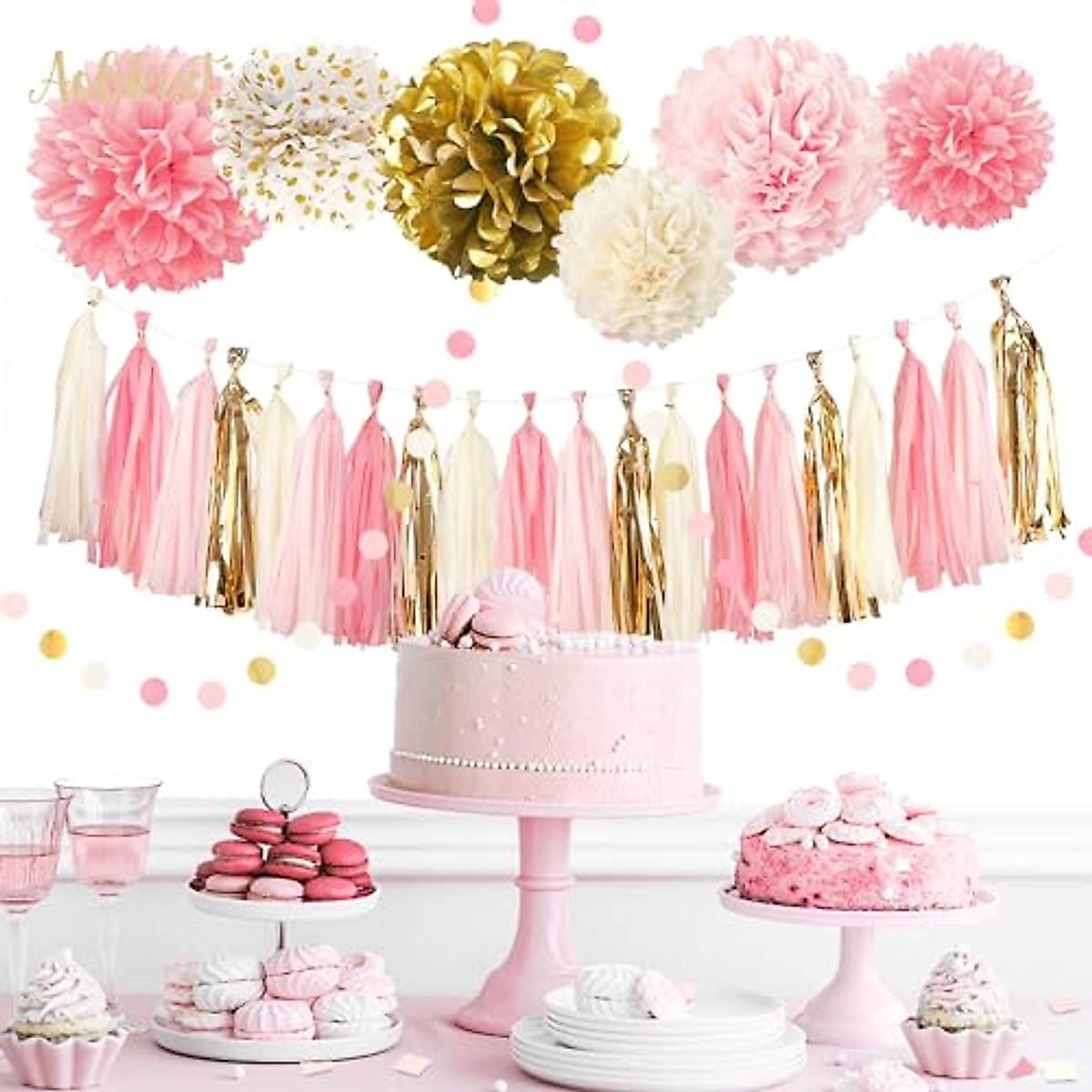 AOBKIAT Baby Shower Birthday Party Decorations for Girl,28 PCS Pink Gold Tissue Paper Pom Poms,Dots Paper Garland,Tassel Galand,Hanging Backdrop for Bridal Showers,Wedding Party Supplies