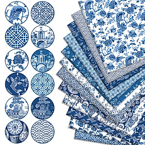 Whaline 12Pcs Blue Chinoiserie Cotton Fabric Bundles 18 x 22 Inch White Blue China Fat Quarters Oriental Quilting Patchwork Squares Sewing Fabrics for DIY Handmade Craft Party Decor