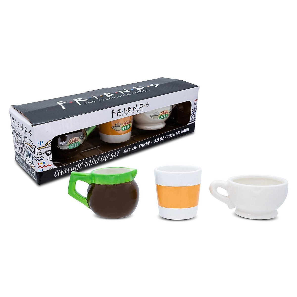 Silver Buffalo Friends Central Perk Logo 3pc Ceramic 3D Sculpted Mini Cup Set, Perfect as a Sugar, Cream, or Milk set, 3.5 Ounces