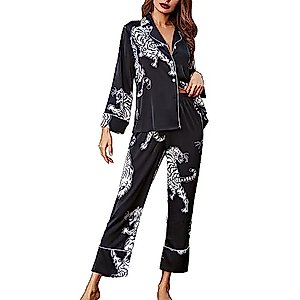 Brosloth Women's Silk Satin Pajamas Pjs Sets Cute Tiger Pattern Two Piece Loungewear Set Button Up Pajamas Sleepwear Black M