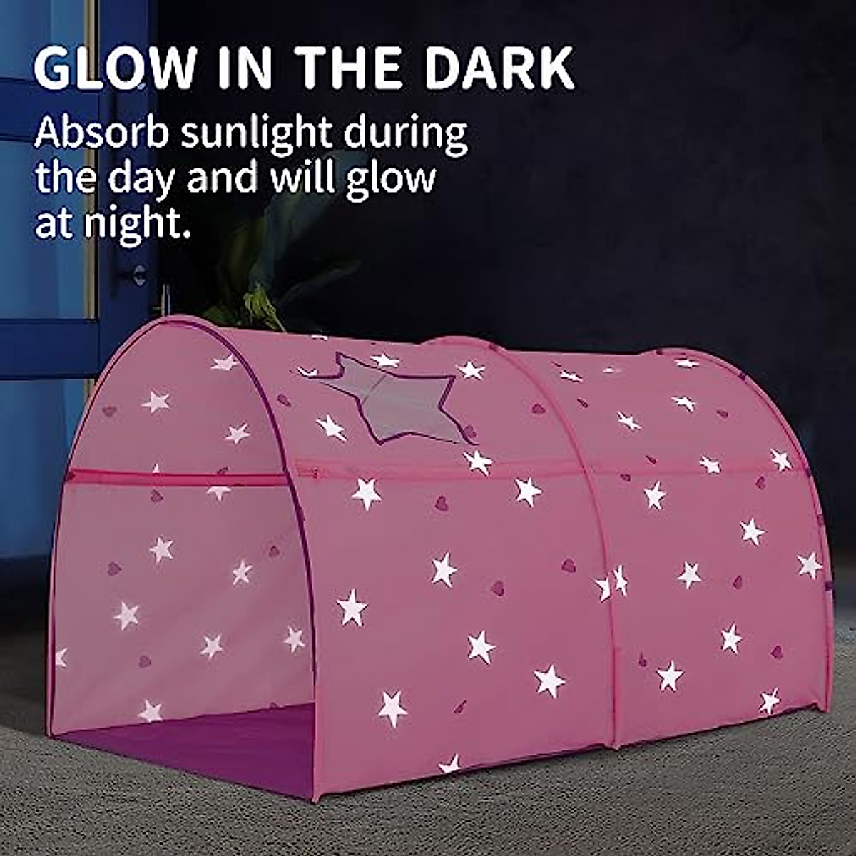 Alvantor Starlight Bed Canopy - Dream Kids Play Tent Playhouse - Privacy Space for Twin Sleeping - Indoor Grow in The Dark Stars - Boys Girls Toddlers - Pop Up Portable Frame - Pink - Patent