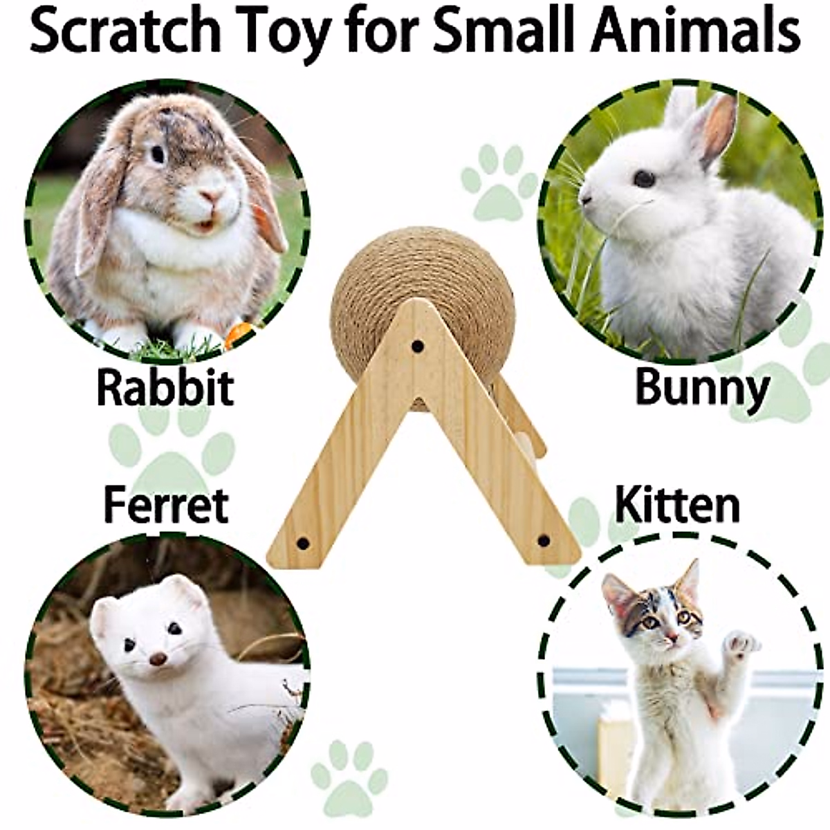 BNOSDM Rabbit Scratch Ball Sisal Bunny Scratching Toy, Wooden Pet Scratcher Stand with Ball for Indoor Rabbits Bunny, Kittens and Small Animals
