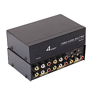 DTECH Powered 4 Way 3 RCA Splitter Box 1 in 4 Out Composite Video Audio Distribution Duplicator with Power Adapter
