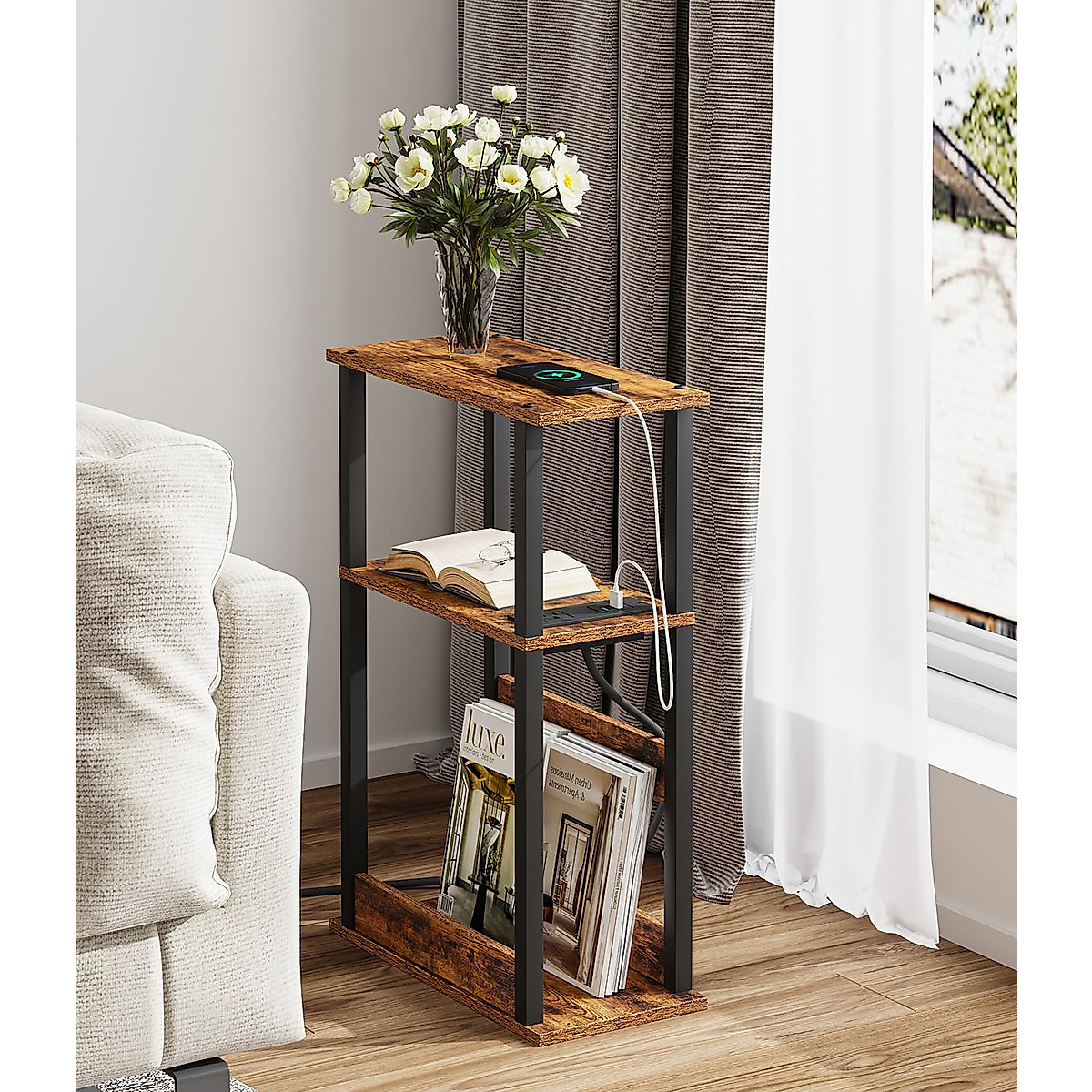 VIMBER 2-Set of 7.8" Narrow Side Table for Small Spaces, Skinny End Table with Charging Station, Sofa Beside Table with Storage Shelf, Slim Nightstand with USB Ports Outlet, Rustic and Brown