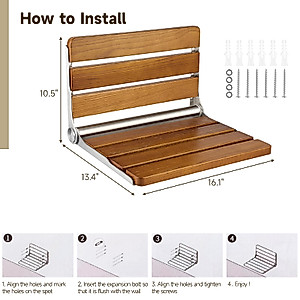 Folding Teak Shower Seat Wall Mounted, Hybodies Waterproof Wood Shower Bench, Wall Mounted Fold Down Wood Stool, Home Care Shower Chair Bench for Pregnants Seniors, Maximum Load 440lb