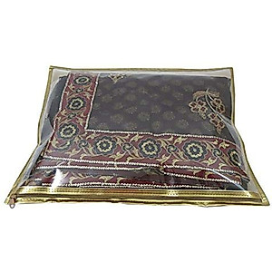 KANUSHI Set of 10 Pc Transparent Saree Covers/Saree Bags/Storage Bags/Clothes Covers with Stainless Steel Zip Lock Combo (Suitable for Single Saree Pack) (Golden)