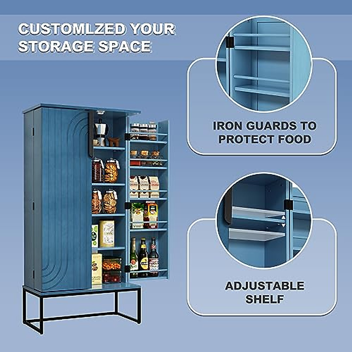 HOLTICO 46.5'' Accent Wood Grain Kitchen Pantry with Doors, Storage Cabinet with Adjustable Shelves, Food Pantry Cabinet for Kitchen, Dining Room, Living Room and Garage, Metal Legs,Blue