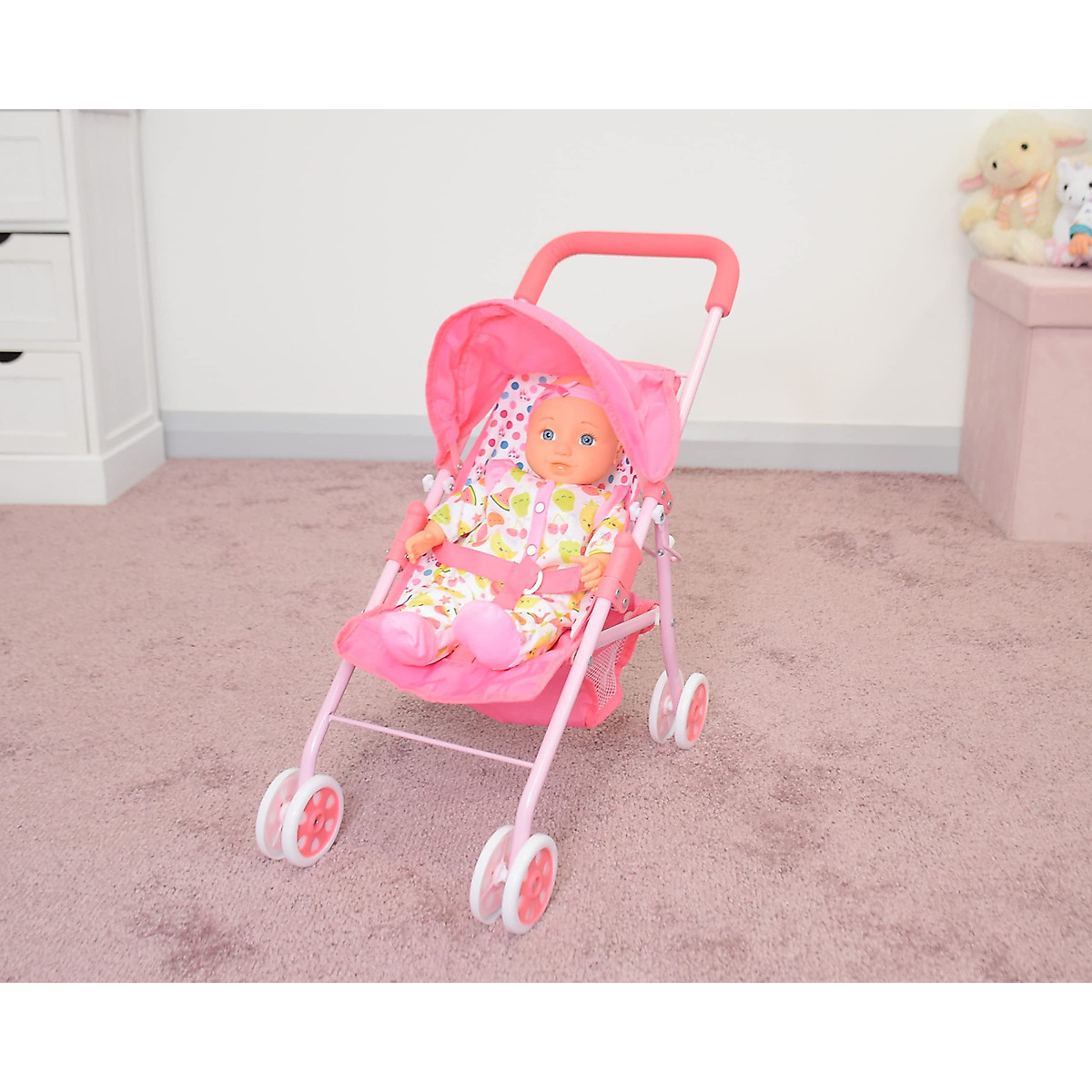 KOOKAMUNGA KIDS Baby Doll Stroller | Easy Fold Pram | with Retractable Canopy, Storage Basket, Doll Safety Harness and Comfort Grip Handlebar (Pink Unicorn)