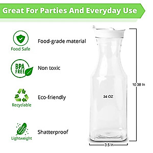 Party Bargains 34 Oz. Water Carafe with Flip Tab Lids - [2 Pack] White Lid Premium Quality & Heavy Duty Square Base Carafe with Lids - Perfect for Milk, Water, Iced Tea, Juice, Cold Brew, Mimosa Bar
