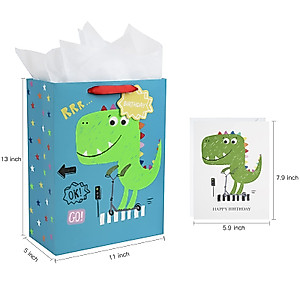 MAYPLUSS 13" Baby Boy Gift Bag Large Gift Bag with Birthday Card and Tissue Paper - Dinosaur Patterns for Boys, Baby Shower, Birthday,Party, and More