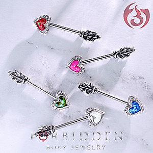 Forbidden Body Jewelry Pave CZ Opalite Heart & Feather Arrow Surgical Steel Nipple Barbells, Red