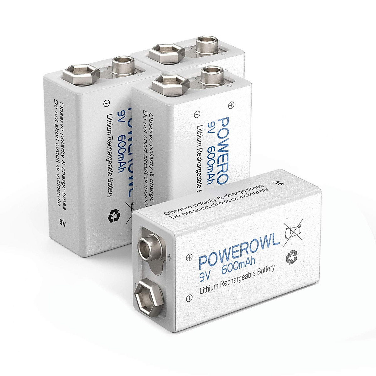 POWEROWL 9V Rechargeable Batteries 600mAh Lithium-ion Low Self Discharge Battery for Smoke Dectector and More 4 Pack