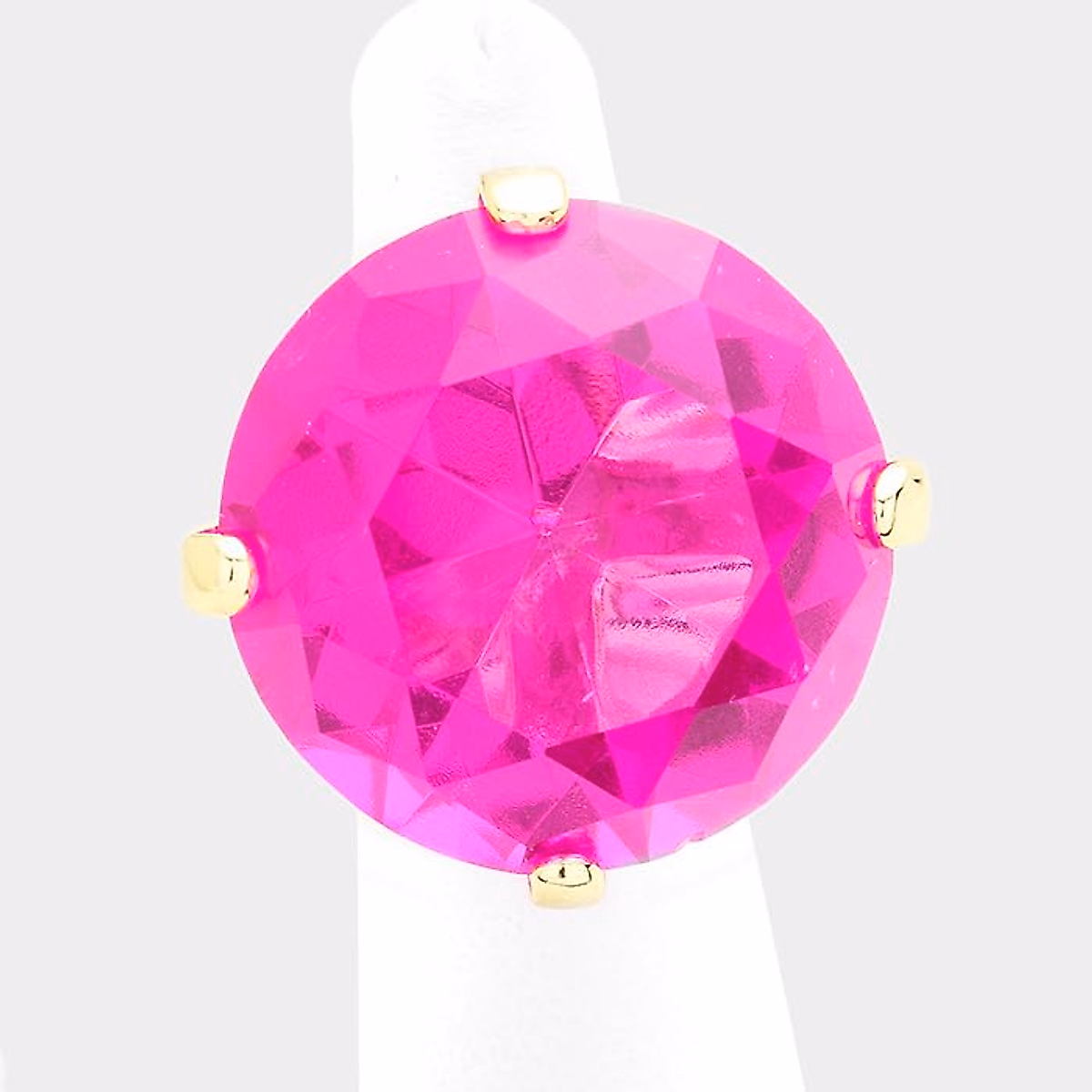 Rosemarie & Jubalee Women's Stunning Round Cut Fuchsia Pink Crystal On Gold Tone Stretch Band Statement Cocktail Ring Jewelry Bling, 1.5"