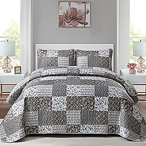 Mybedsoul Grey Boho Quilt Set King Size,3 Pieces Plaid Floral Bedspread Coverlet Set for All Season,Patchwork Reversible Bedding Set King 90"x104"