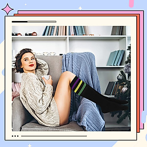 SATINIOR 2 Pairs Christmas Women Socks Over Knee Long Opaque Striped Thigh High Socks (Top Striped Black White)