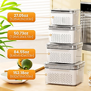 Mowdug 4 Pack Fruit Storage Containers with Removable Colanders for Fridge, BPA-Free, Vegetable Saver Container with Lid, Colander, Vent and Handle, Keep Fruits, Vegetables, Berry, Meat Fresh longer