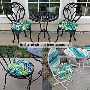 Magpie Fabrics 15" Round Bistro Seat Cushions with Ties, Set of 2, Waterproof All Weather Tufted 4" Thick Patio Chair Pads for Home Garden Dining Metal Stool - Green Palm Leaves