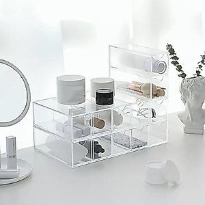 JUOPZKENN Acrylic Eyeglass Storage Box, 4 Drawers Clear Sunglasses Storage Organizer Use Horizontally or Vertically for Eyeglass Cosmetic Jewelry Storage