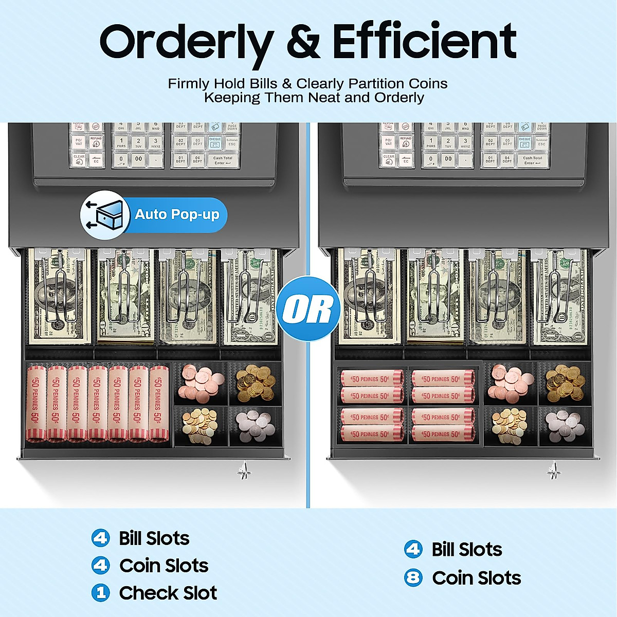 CAIHAOA Cash Register, 8 Digits LED 38 Keys Electronic Cash Register, Automatic Cash Register with 32 Departments, Quick Load Thermal Printer Cash Register 1000 Plus 10 Clerks for Small Business,Black