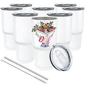 YOUKE OLA 8 Pack Sublimation Tumbler Blank White Bulk Stainless Steel Double Wall Vacuum Insulated Coffee Travel Tumbler Car Cups with Straws, 30oz
