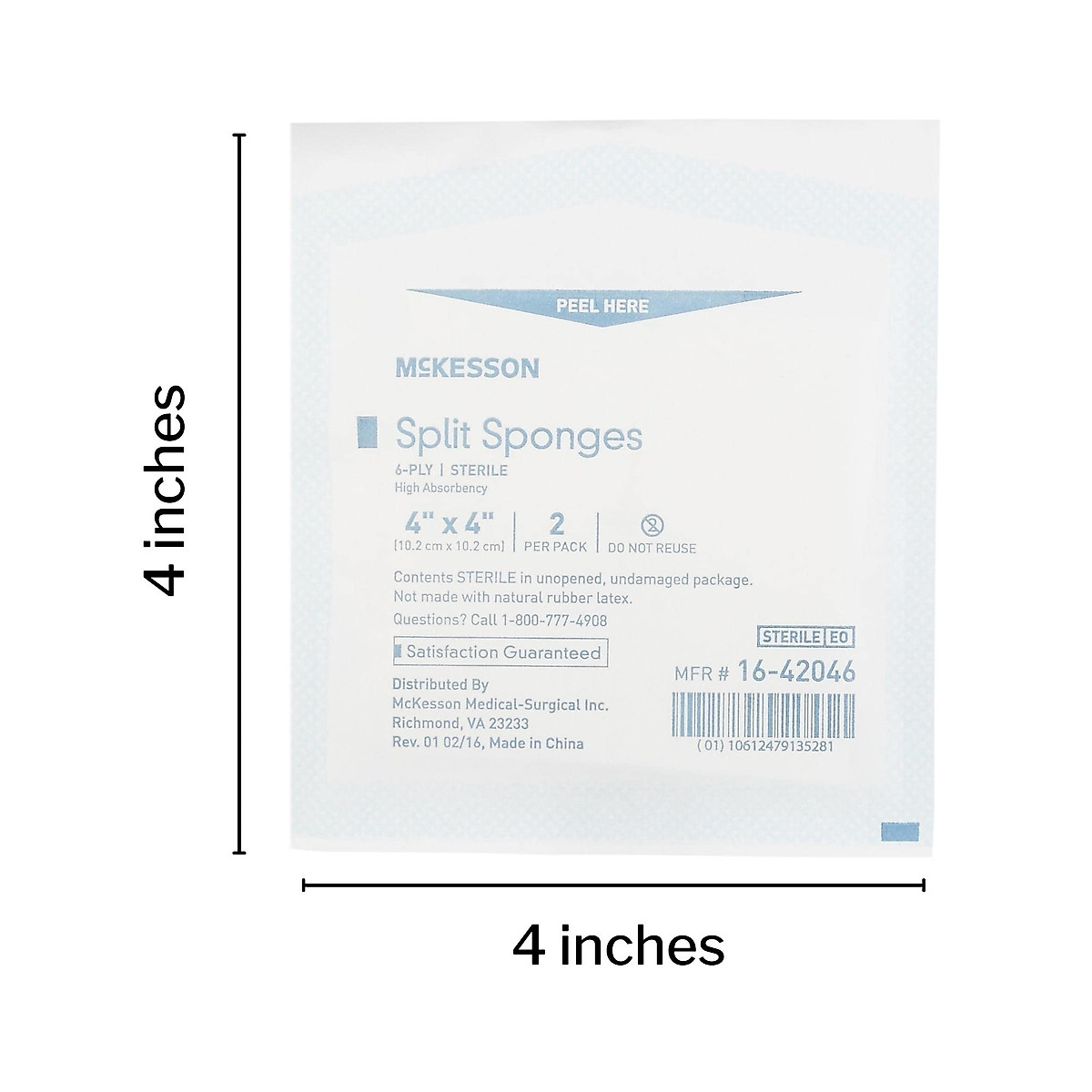 McKesson Split Sponges High Absorbency, 6-Ply Sterile, I.V. and Tracheostomy Dressings, Polyester / Rayon Blend, 4 in x 4 in, 2 Per Pack, 25 Packs, 50 Total