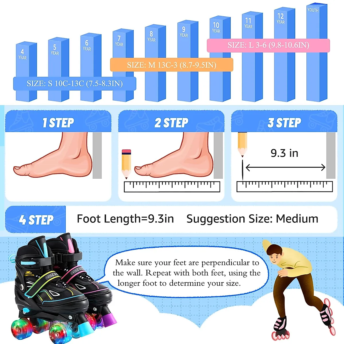 Kids Roller Skates for Girls and Boys, 4 Sizes Adjustable Roller Skates with 8 Light Up Wheels, Fun Illuminating Toddler Rollerskates for Kids Youth Beginner, Patines para Niñas Niños(3-6, Blue)