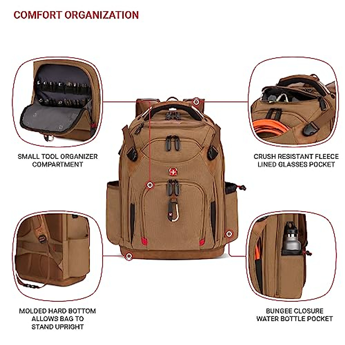 SwissGear Tool Bag Backpack, Fits Up to 17-Inch Laptop, Work Pack PRO, Brown Canvas