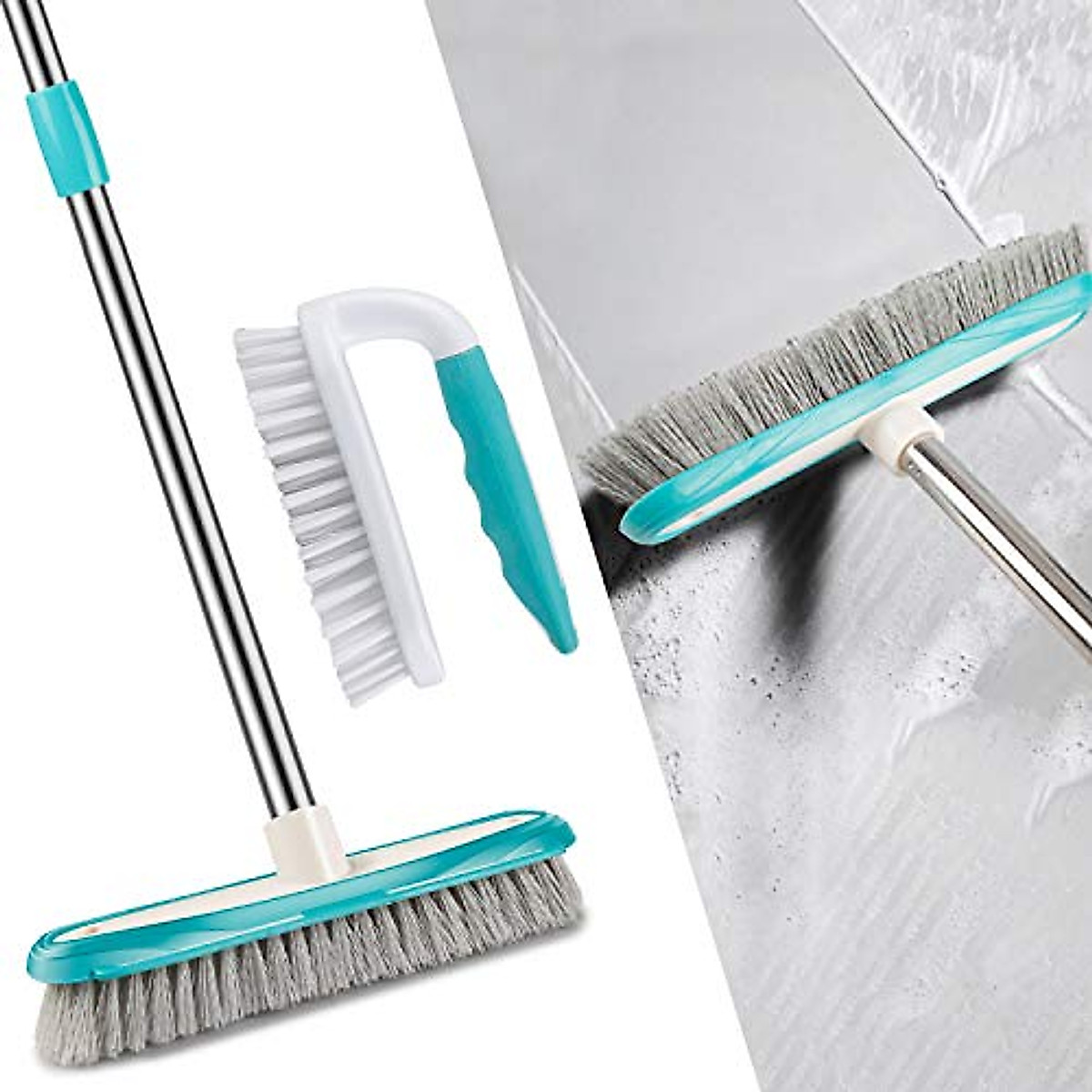MEXERRIS Scrub Brush with Floor Scrubber Deck Brush Long Handle Combo Cleaning Kits, Stiff Bristles Durable Scrubbing Grout Brushes for Carpet Bathroom, Shower, Sink, Bathtub, Tile, Kitchen Surface