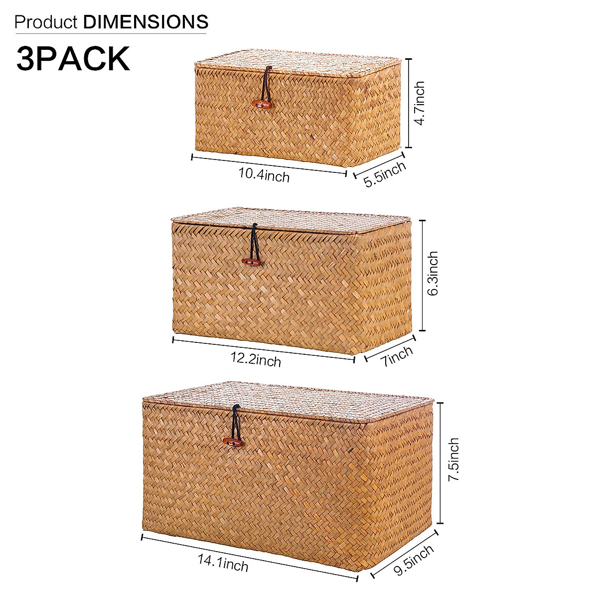 Ruosuruosu Decorative Wicker Storage Bins with Lids,Woven Seagrass Storage Baskets for Kids Toys,Shelves, Bathroom, Bedroom,Set of 3 Stackable Storage Boxes Large, Medium, Small