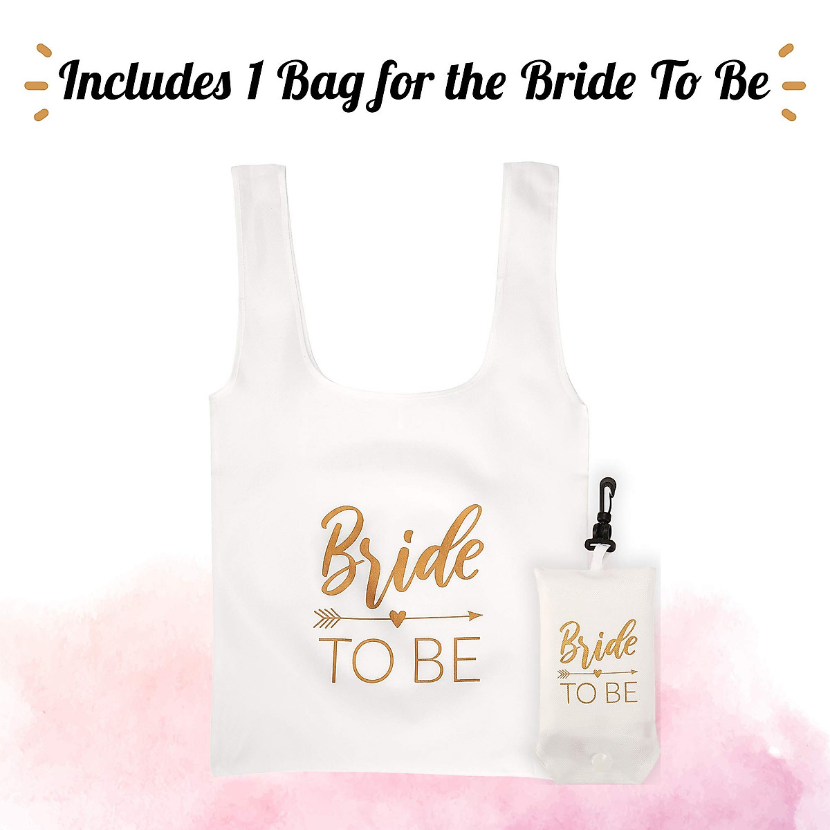 Pop Fizz Designs Bride Tribe Reusable Tote Bags | 7 Pack | 1 Bribe to Be Bag & 6 Bride Tribe Bags - Includes Matching Keychains | Perfect for Bachelorette Party Bags