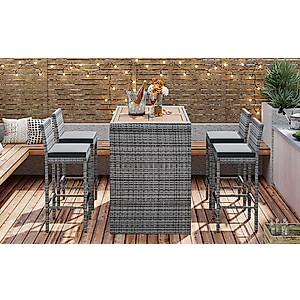 Tidyard 5-Pieces Outdoor Patio Wicker Bar Set, Bar Height Chairs with Non-Slip Feet and Fixed Rope, Removable Cushion, Acacia Wood Table Top Dining Set for Garden Patio Balcony