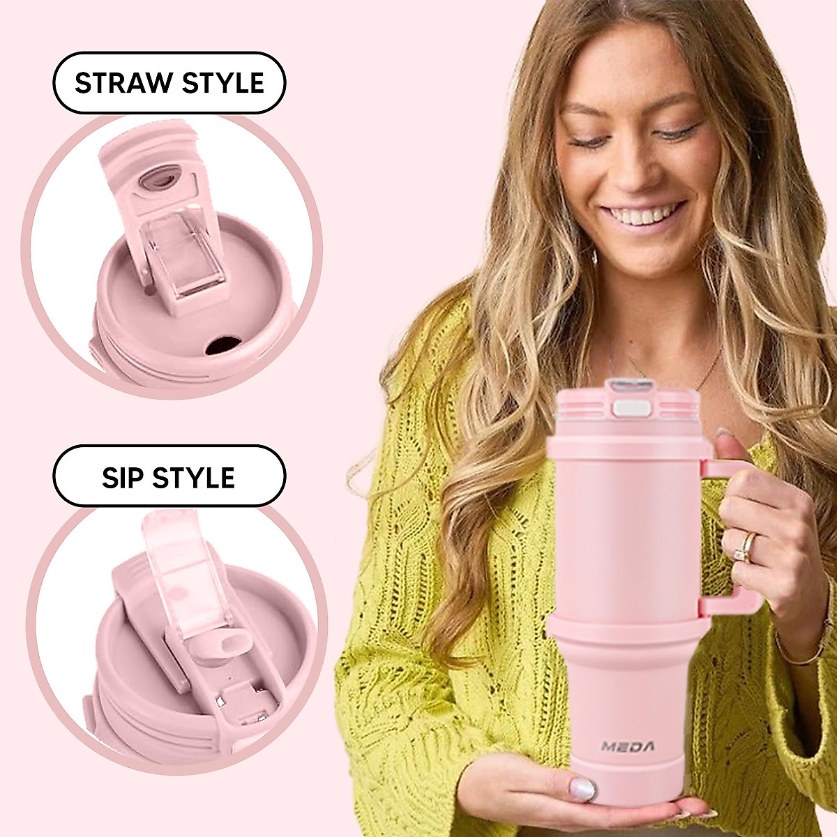 MEDA 40 oz Tumbler with Foldable Handle – Insulated, Reusable Stainless Steel Travel Coffee Mug – Perfect for Travel, Water, Iced Tea, Coffee – Ideal Easter Gift (Peach)