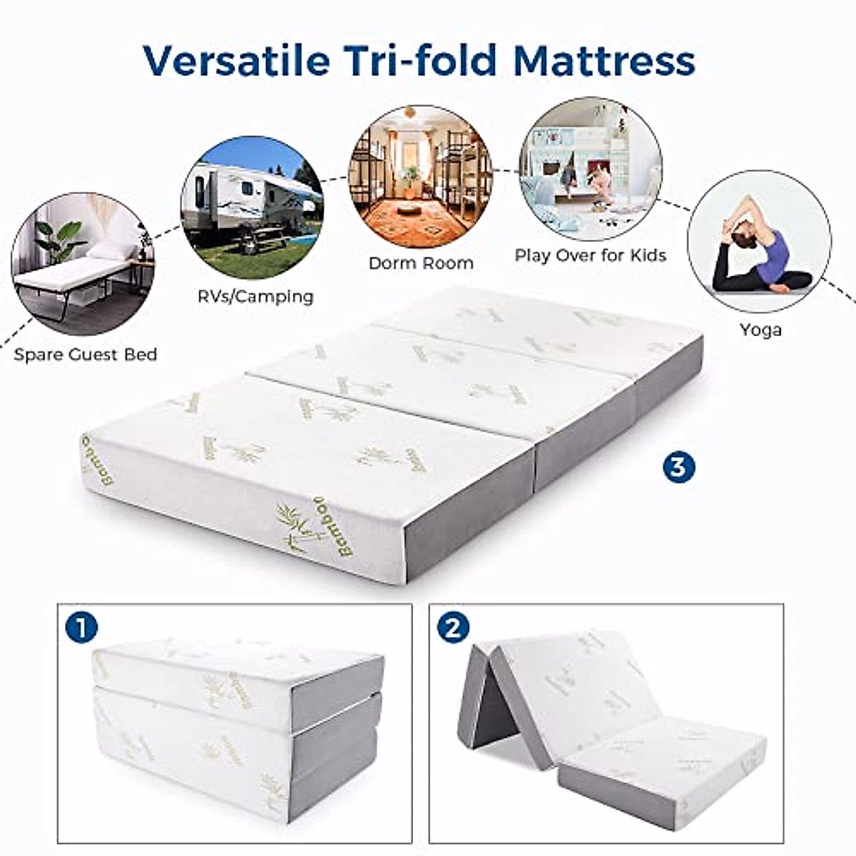 Inofia Full Folding Mattress, 4 Inch Trifold Memory Foam Mattress with Ultra Soft Bamboo Cover, Foldable & Portable - Full Size, Mattress Topper