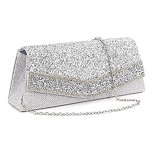 Gabrine Womens Evening Shoulder Bag Handbag Clutch Purse Shiny Sequins Rhinestone for Wedding Prom Party(Silver)