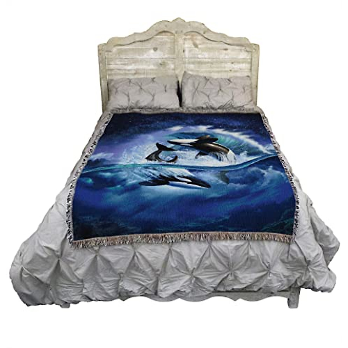 Pure Country Weavers JL Orca Wave Blanket by Jerry LoFaro - Ocean Whales Gift Tapestry Throw Woven from Cotton - Made in The USA (72x54)