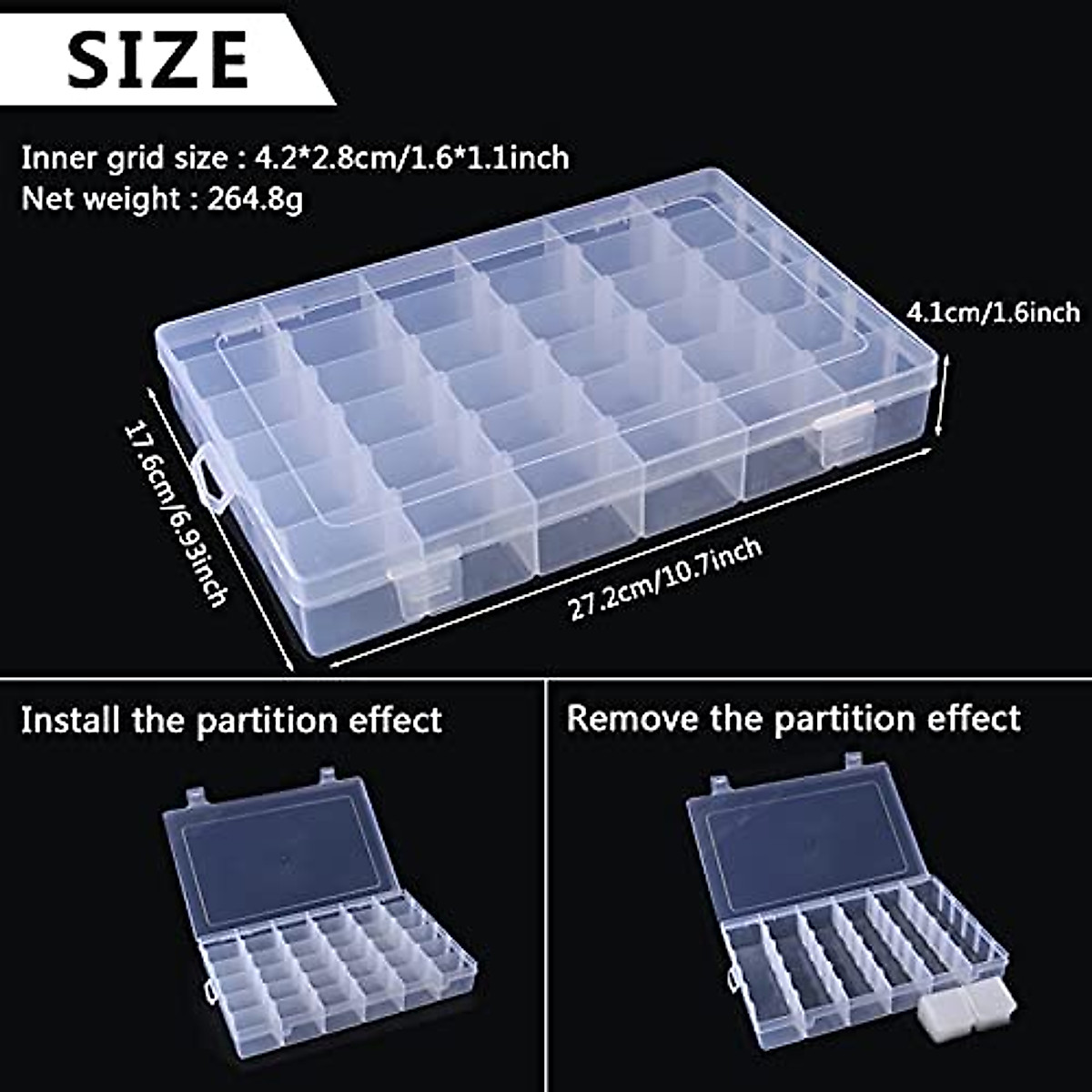 5Pack 36 Grids Clear Plastic Organizer Box with Adjustable Dividers Storage Container Jewelry Box for Beads Art Crafts Pieces Letter Board Fishing Tackles Rock Collection with 2000pcs Label Stickers
