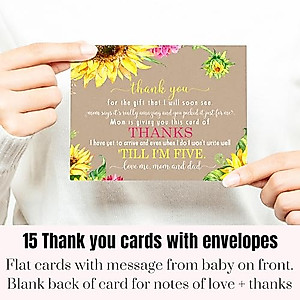 Sunflower Baby Thank You Cards, 15 Pack – Cute Baby Shower Notes with Envelopes Set, Prefilled Message, Customizable and Personalize Blank Stationery Rustic Floral, New Parents Gift Ideas