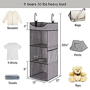 StorageWorks Hanging Closet Organizer, 3-Shelf Hanging Closet Shelves with Top Shelf, 12" W x 12" D x 35 ¼"H, Extra-Large Space, Mixing of Brown and Gray
