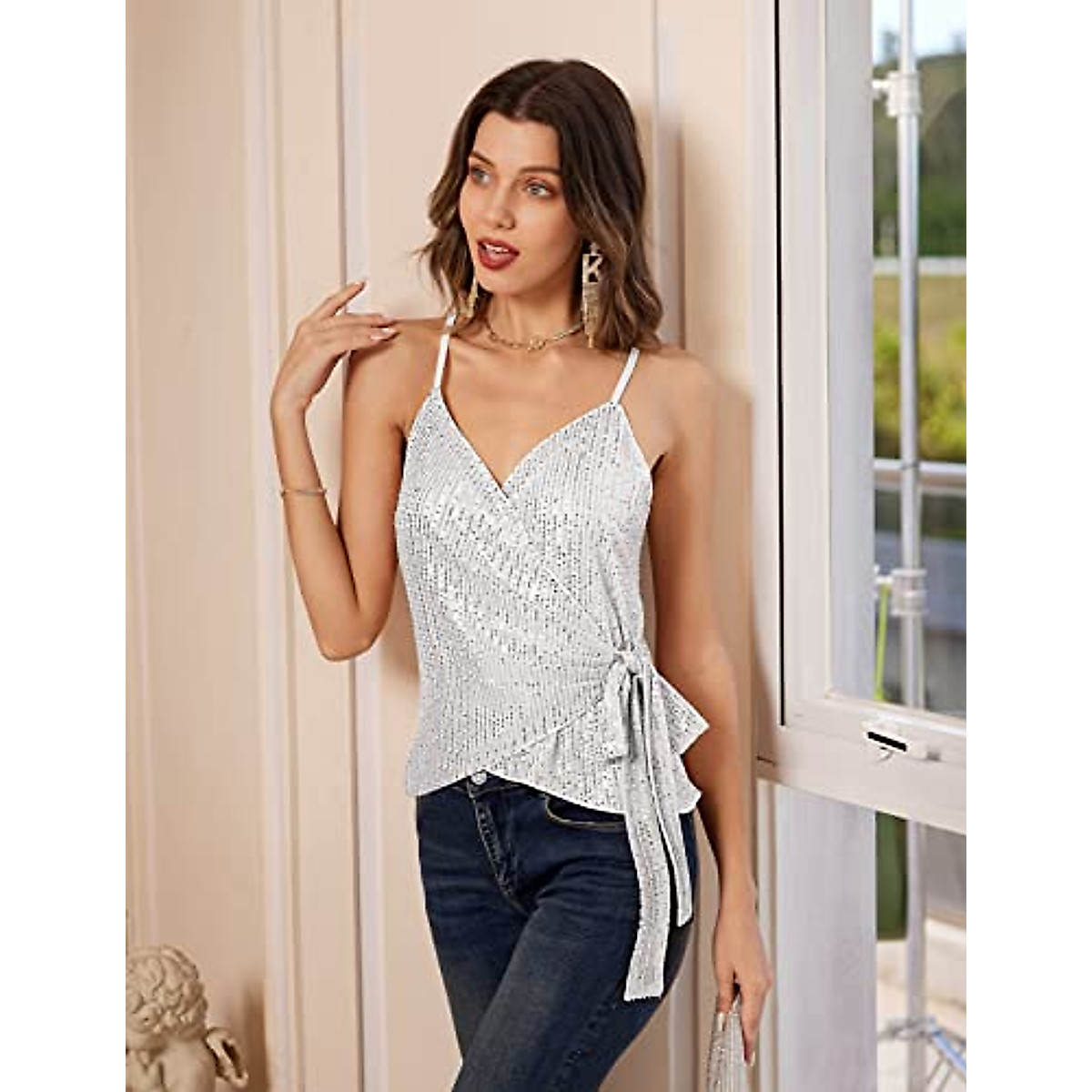 Sparkle Tops for Women Sequin Tank Top V Neck Tie Waist Top Sexy Club Cocktail Vest Shirt Silver White M