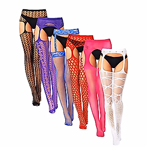 6 Pairs Women Fishnet Thigh High Stockings Garter Belts and Suspender Pantyhose Stockings for Halloween (Classic, Black, White, Rose Red, Purple, Red, Dark Blue, Medium-Large)