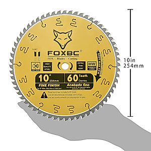 FOXBC 10 Inch Thin Kerf Fine Finish Crosscut Table Saw Blade, 60-Tooth ATB, with 5/8-Inch Arbor