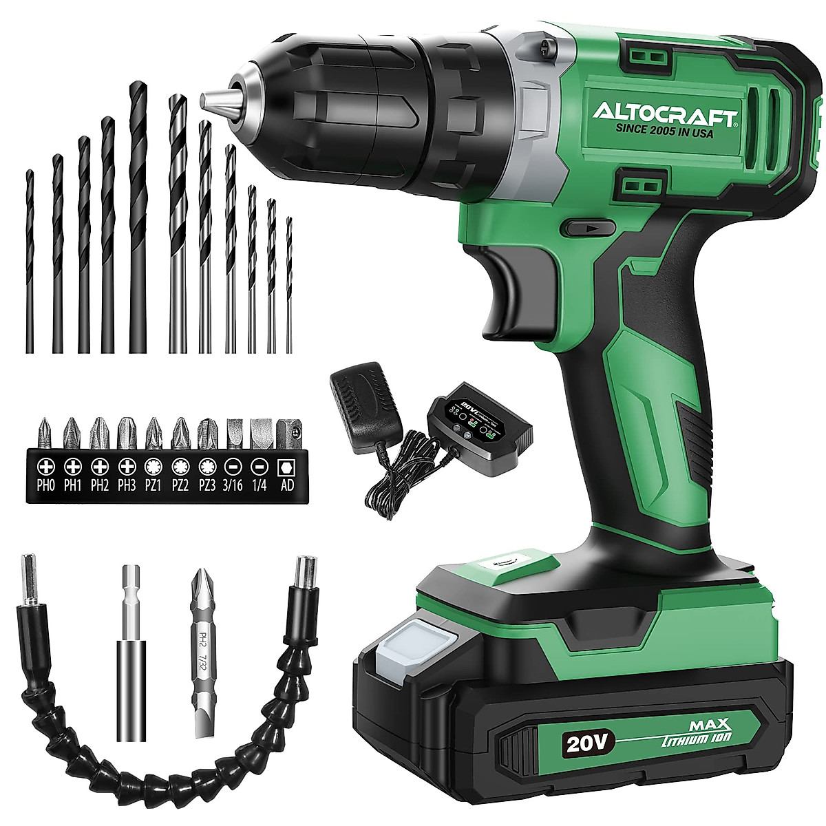 ALTOCRAFT Cordless Drill/Driver Kit 3/8",20V Max Electric Battery Power Drill Set w/22-Piece Accessories,Keyless Chuck,Variable Speed,LED Light,Drilling Wall Wood Metal