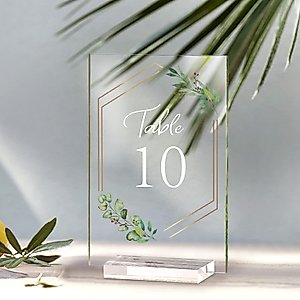 AerWo Acrylic Wedding Table Numbers 1-10 with Stands, 4x6 inches Clear Sign Place Cards with Gold Trim Green Floral Theme, Rustic Table Numbers for Wedding Reception Anniversary Baby Bridal Shower