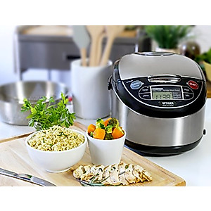 Tiger JAX-T10U-K 5.5-Cup (Uncooked) Micom Rice Cooker with Food Steamer & Slow Cooker, Stainless Steel Black