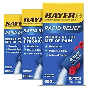 Bayer New Rapid Relief Powder Packs with Aspirin & Caffeine, Dissolvable Fast Acting Pain Relief, Works at Site of Pain to Relieve Headache, Muscle and Body Pain, Raspberry Flavor, 30 Count
