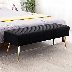 Furnimart 44 Inch Velvet Bench Ottoman Comfortable Footrest Stool Table Bench Dining Bench Tufting Bench Indoor Bench with Gold Legs for Living Room Bedroom Entryway (Velvet-Black)