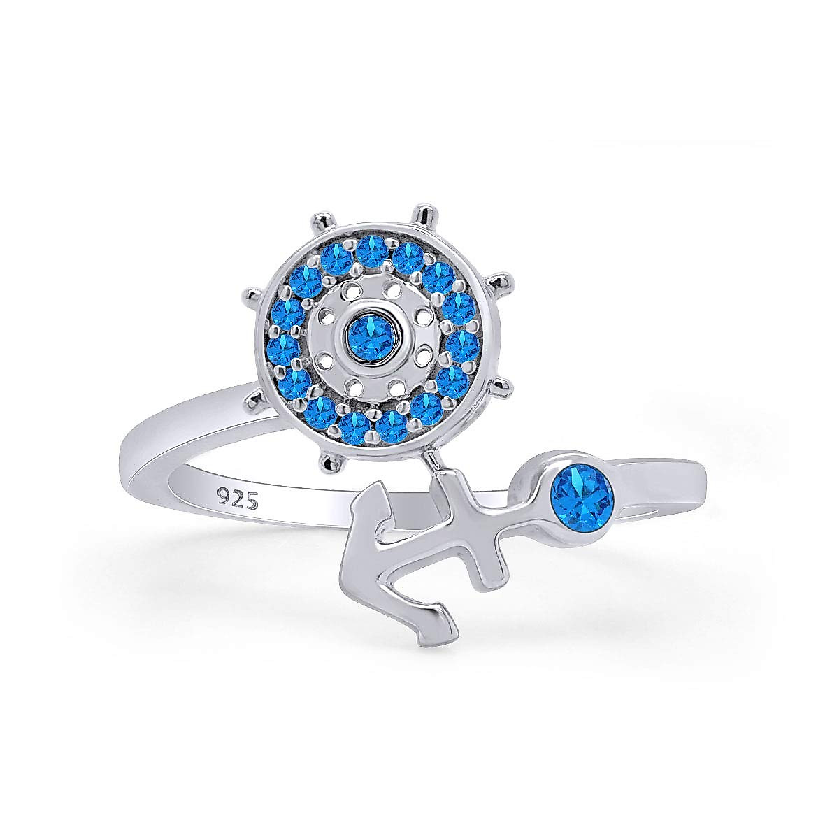 Round Simulated Blue Topaz 14k White Gold Over Sterling Silver Anchor & Rudder Ring