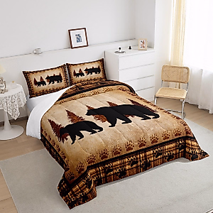 Feelyou Kids Bear Comforter Set Rustic Cabin Country Bedding Set Twin Size for Boys Girls Teens Rust Bear Comforter Wild Animal Brown Duvet Set with 1 Pillow Case